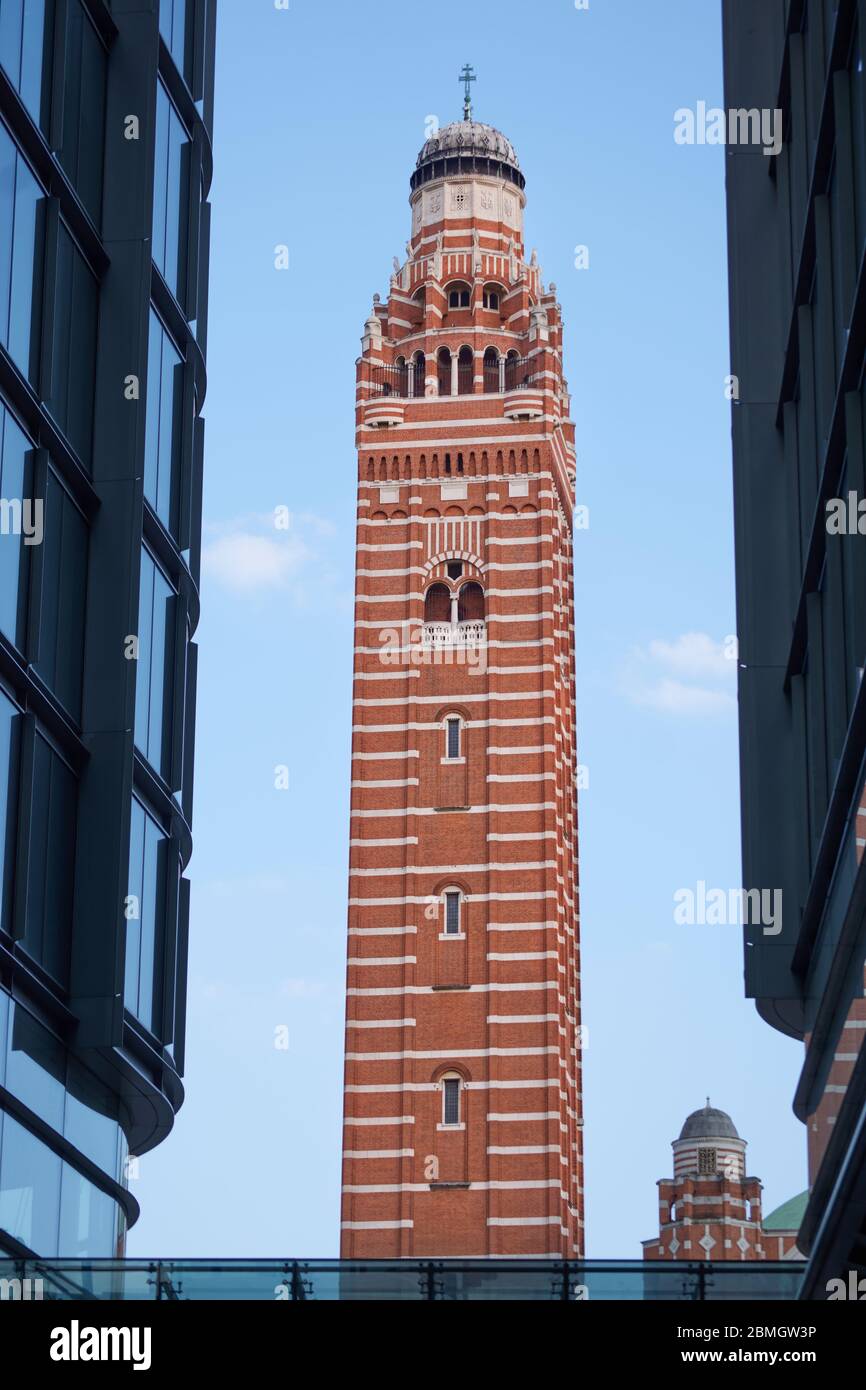 Westminster Cathedral clock tower from street level between modern ...