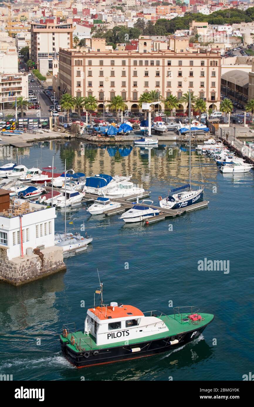Pilot boat entering the marina, Port of Melilla, Spanish Morocco, Spain ...