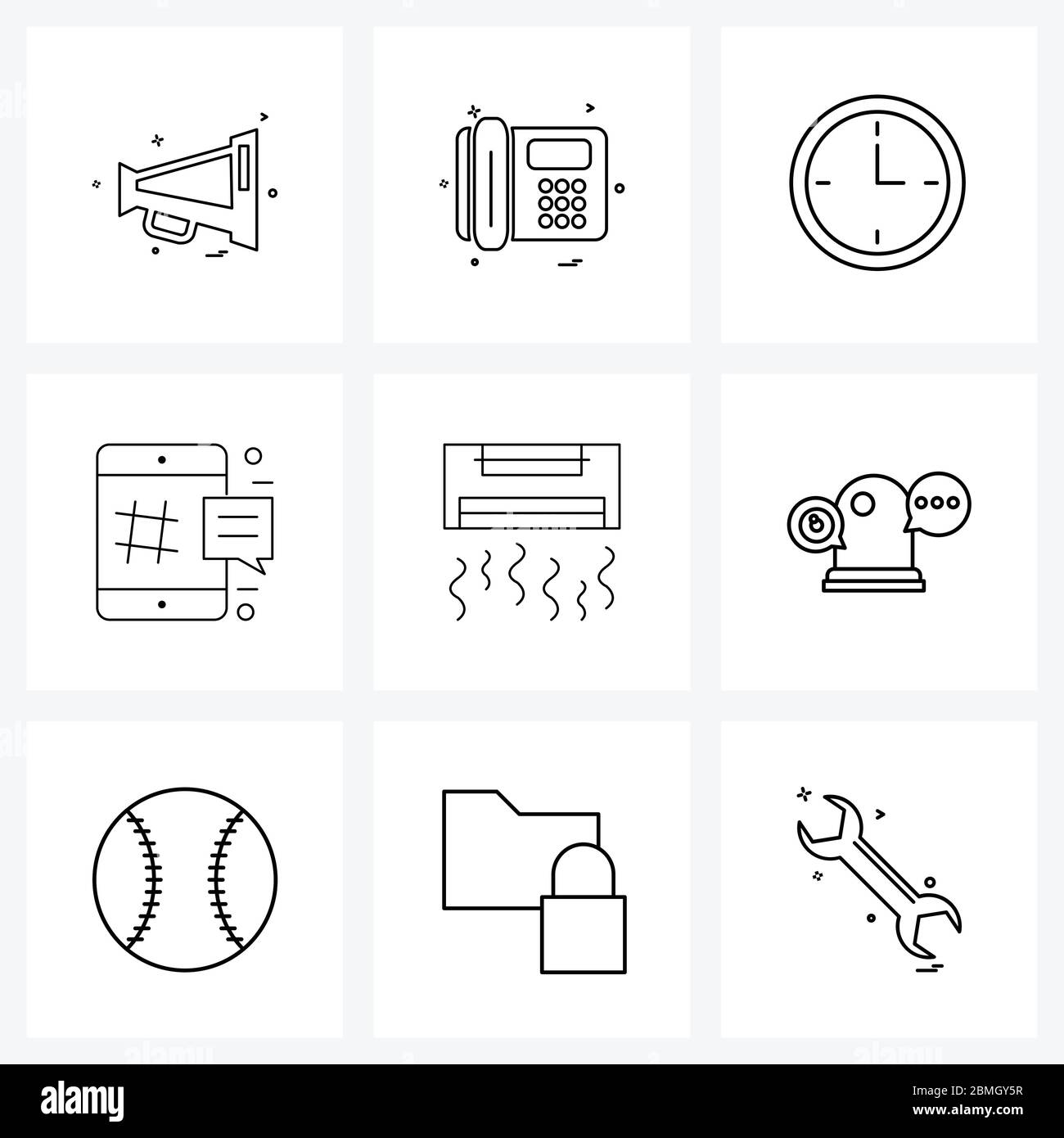 UI Set of 9 Basic Line Icons of elastic, hash tag, phone call ...