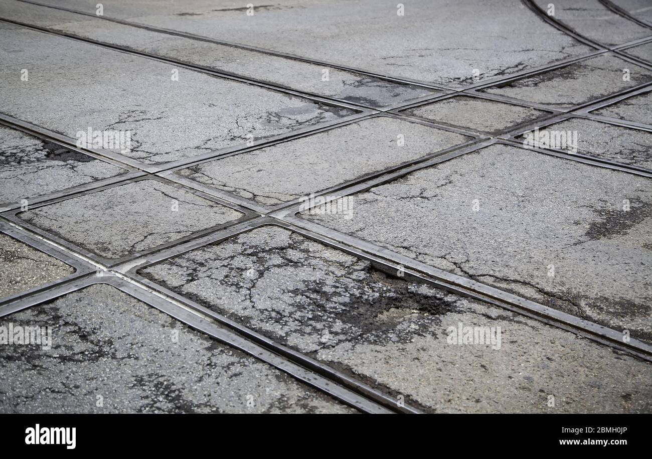 Rails of tram in city, transport and vehicles, textures Stock Photo - Alamy