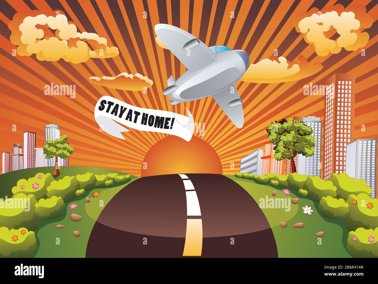 Retro airplane with stay at home banner in the sky flying over town ...