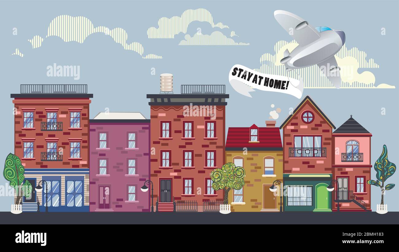 Retro airplane with stay at home banner in the sky flying over town ...