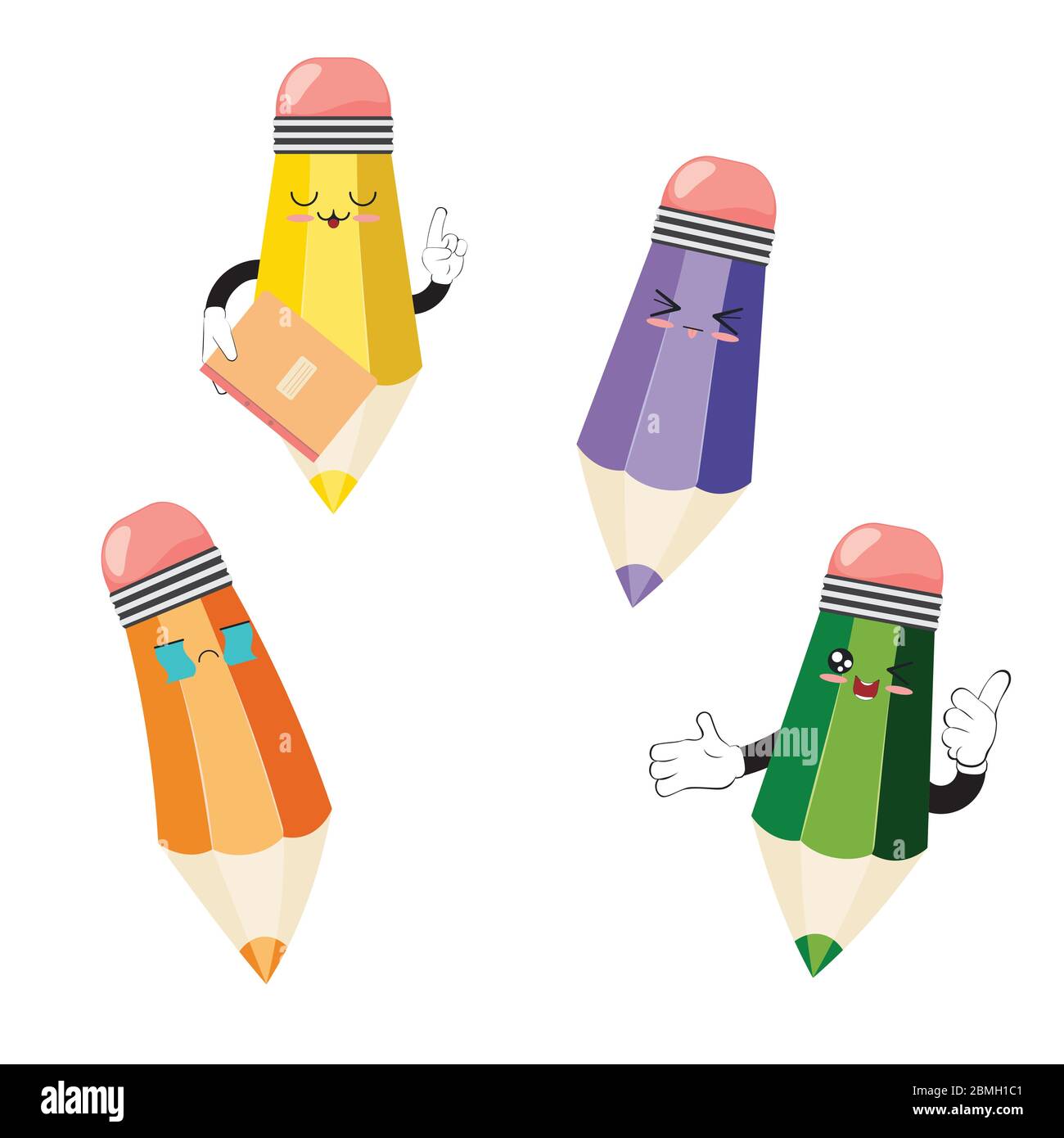 School supplies, crayons, colored pencils with cute cartoon faces ...