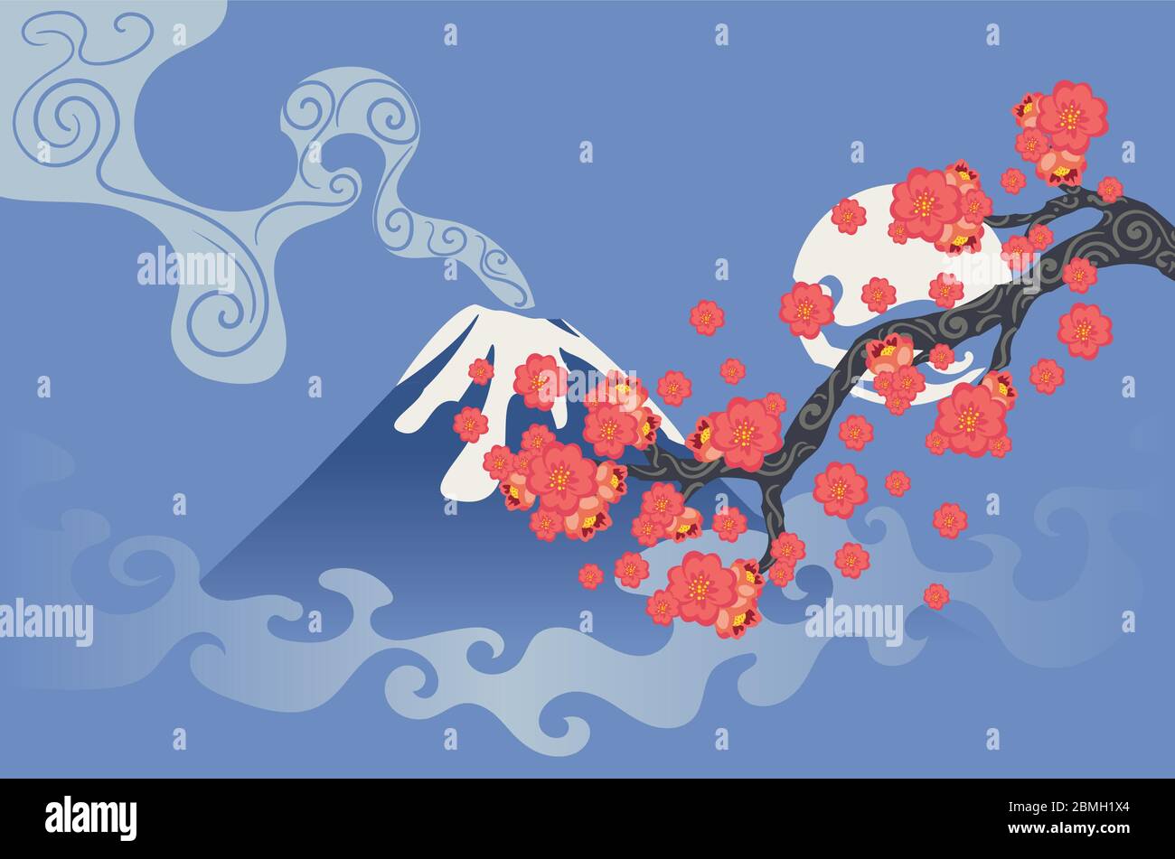 Spring cherry blossom, Sakura branch and volcano, vintage background ...