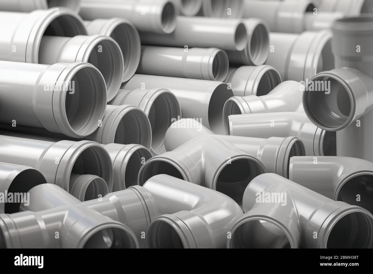 PVC plastic pipes and tubes stacked in warehouse. 3d illustration Stock ...