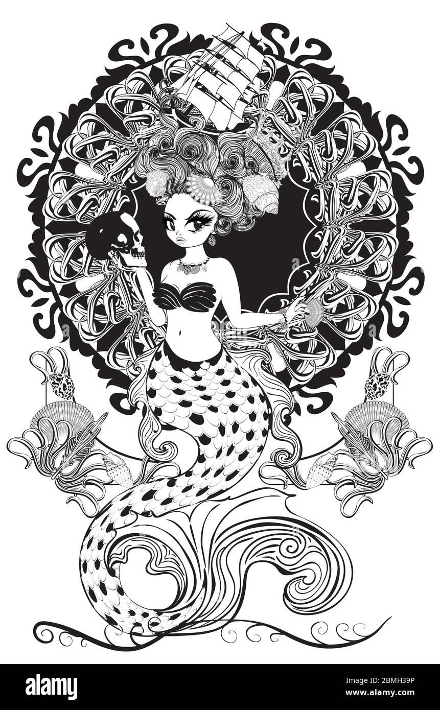 Stylized mermaid with rococo hairstyle and art nouveau frame, retro ...