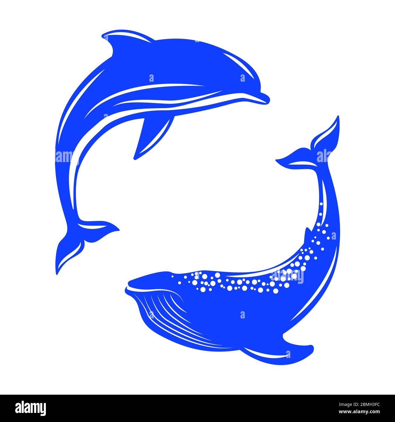 Dolphin and Whale. Vector illustration, flat style. Isolated on white ...