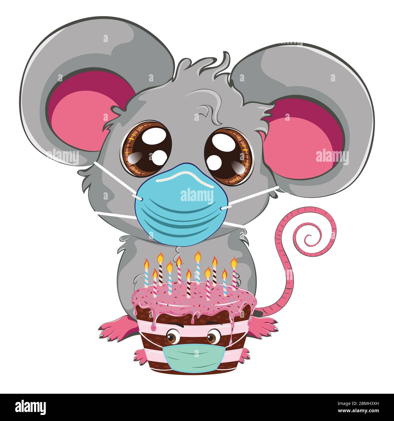 Cartoon kawaii anime grey mouse or rat in face mask with chocolate cake ...