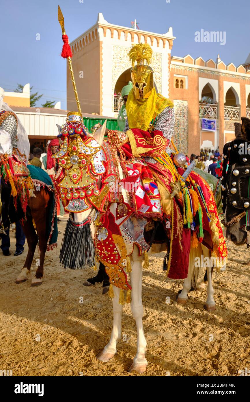 Nobleman rider dressed in a colourful outfit mounting an embellished ...