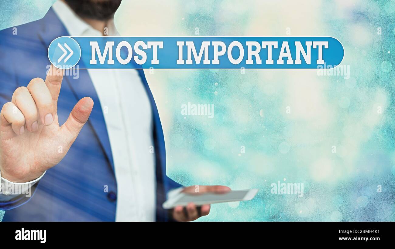 Text sign showing Most Important. Business photo showcasing Greatest or ...
