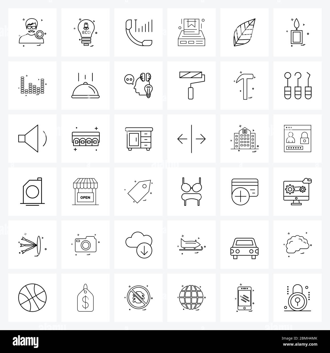 Modern Style Set of 36 line Pictograph Grid based candle, nature, call ...