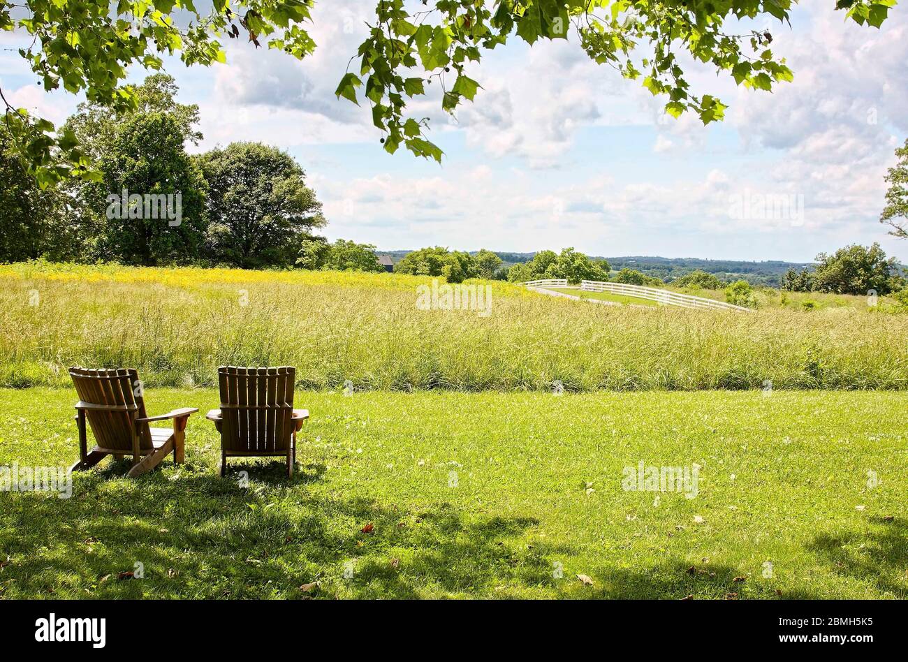 landscape, scene, countryside, two Adirondack chairs, inviting ...