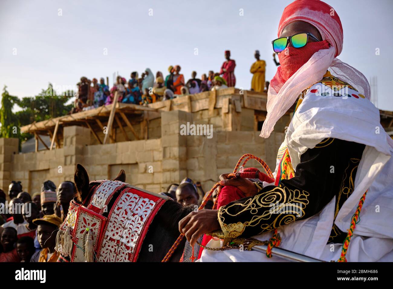 Nobleman rider dressed in a colourful outfit mounting an embellished ...