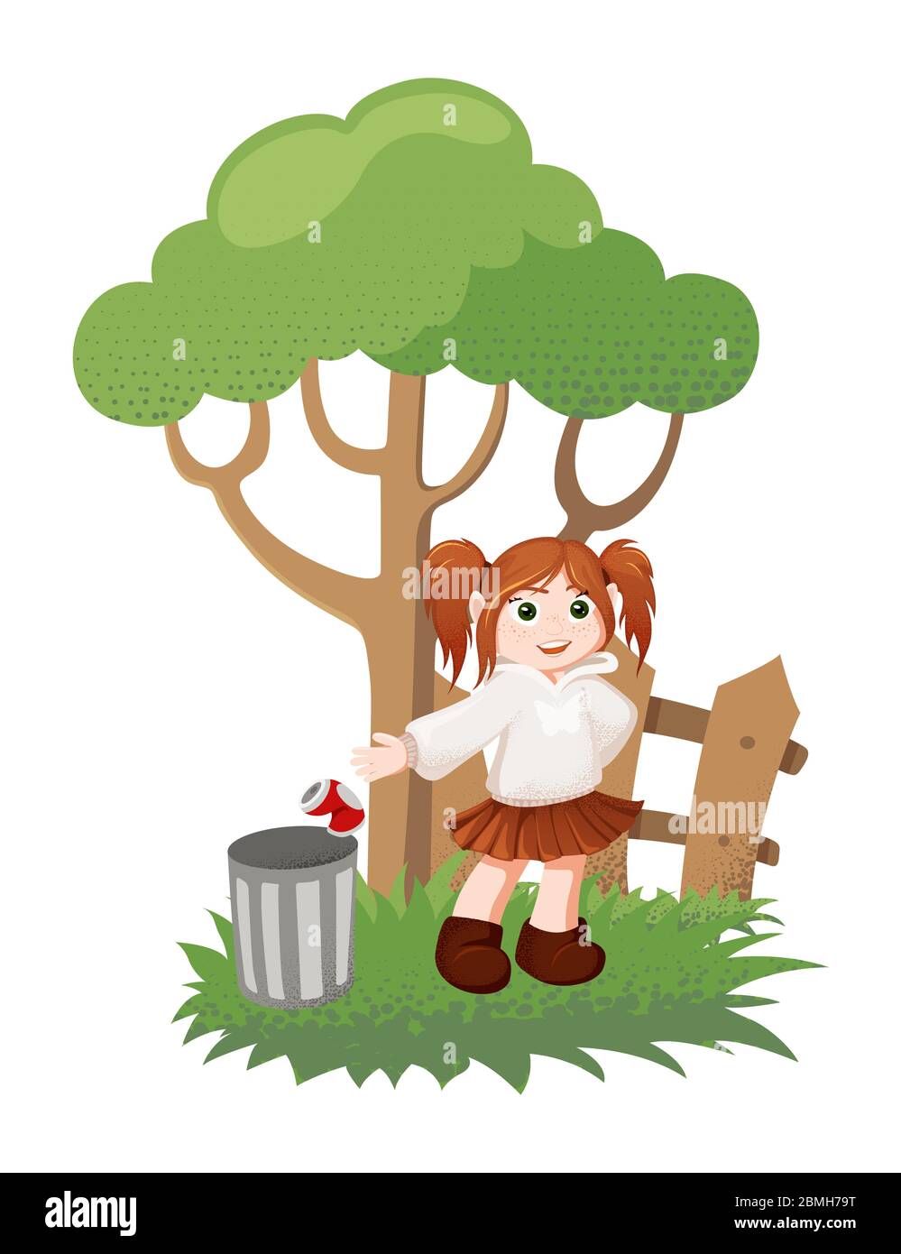 Girl throws garbage in the trash. Environmental protection, ecology ...