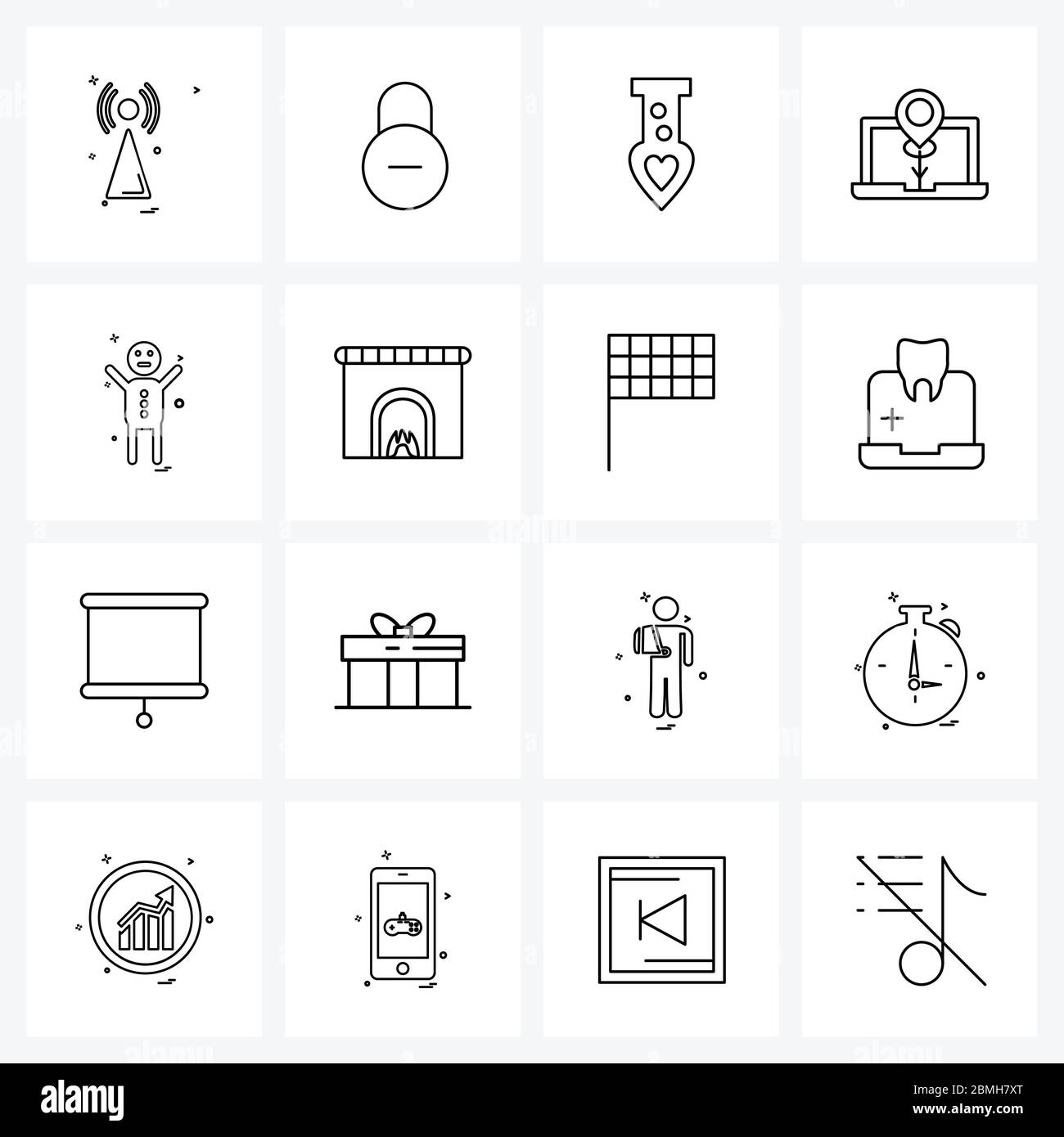 Line Icon Set of 16 Modern Symbols of man, location, flask, map, love ...