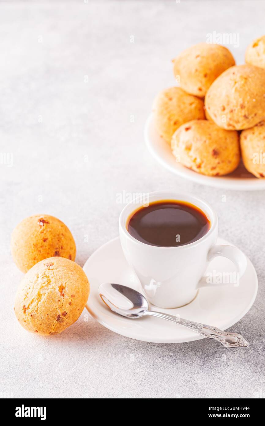 Traditional Brazilian breakfast - cheese bread and coffee, selective ...