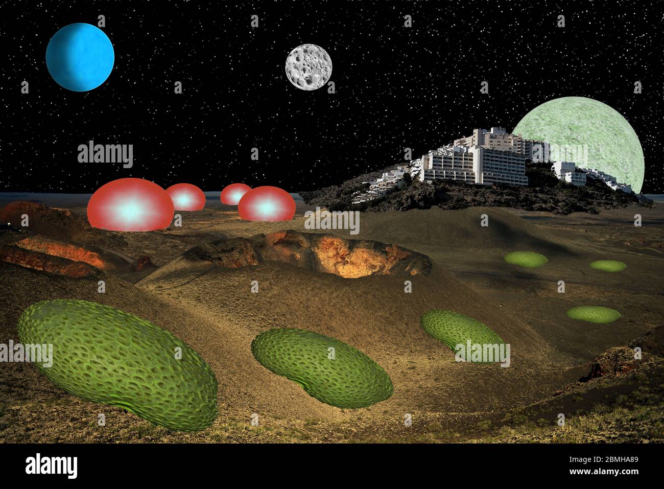 A vision of an alien planet with strange life forms. In the distance is ...