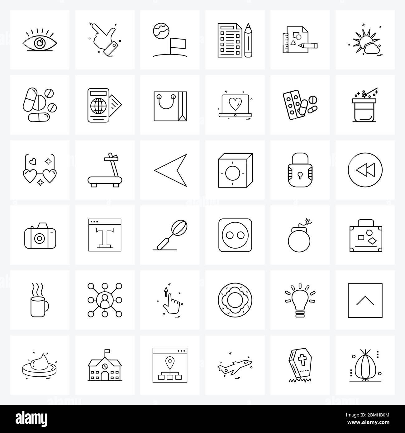 Modern Style Set of 36 line Pictograph Grid based file, pen, flag, file ...