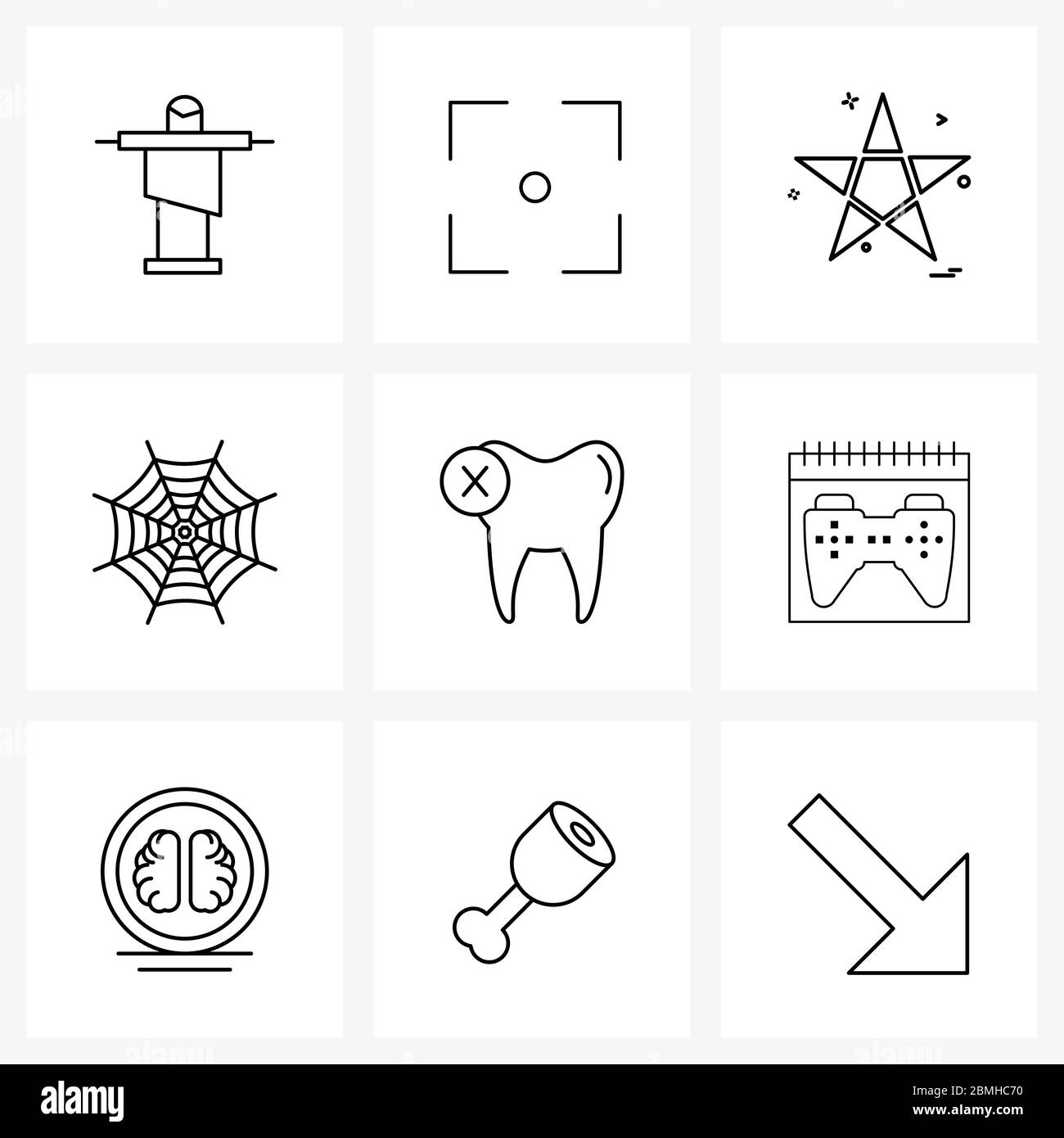 9 Interface Line Icon Set of modern symbols on teeth, scary, circle ...