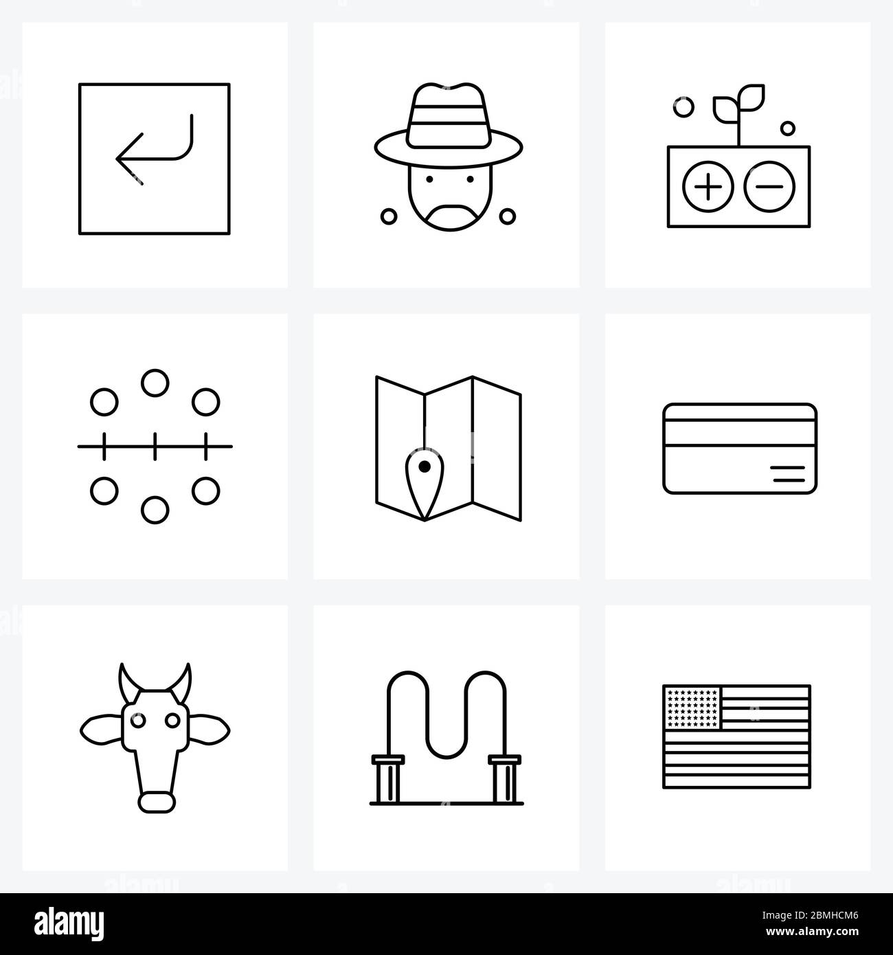 Universal Symbols of 9 Modern Line Icons of map, graph, battery, bounce ...