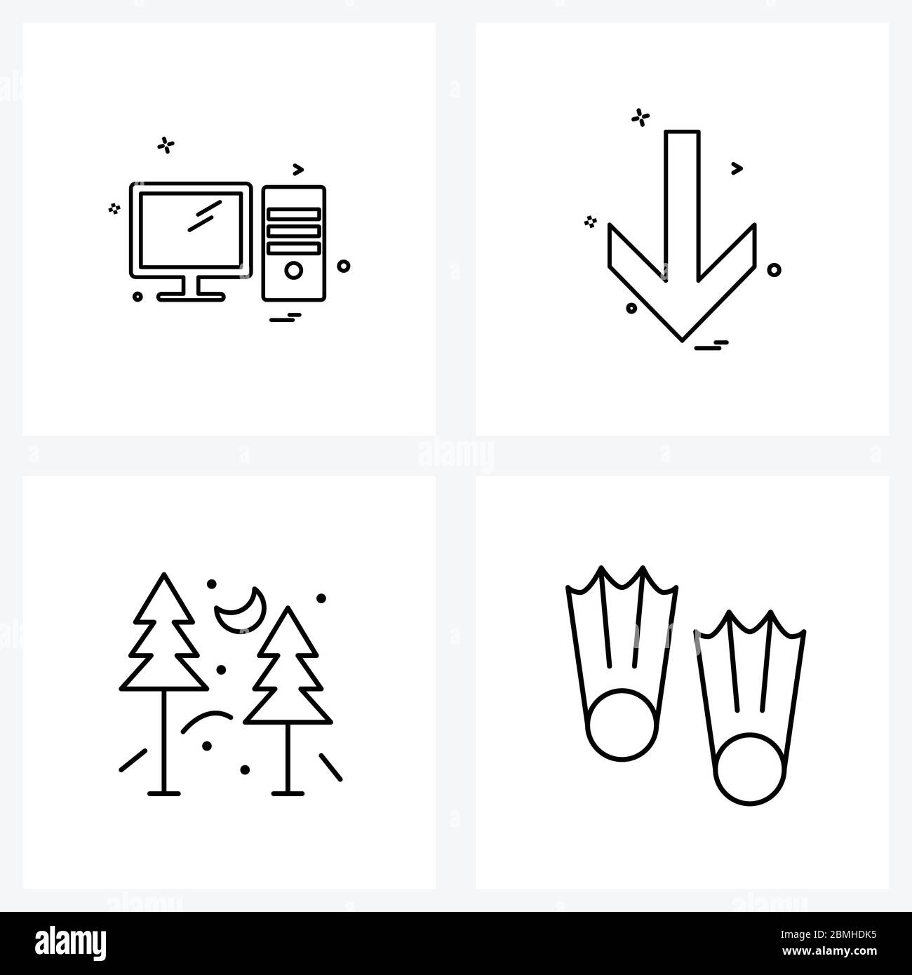 Set of 4 Simple Line Icons of computer, camping, tech, arrows, moon ...