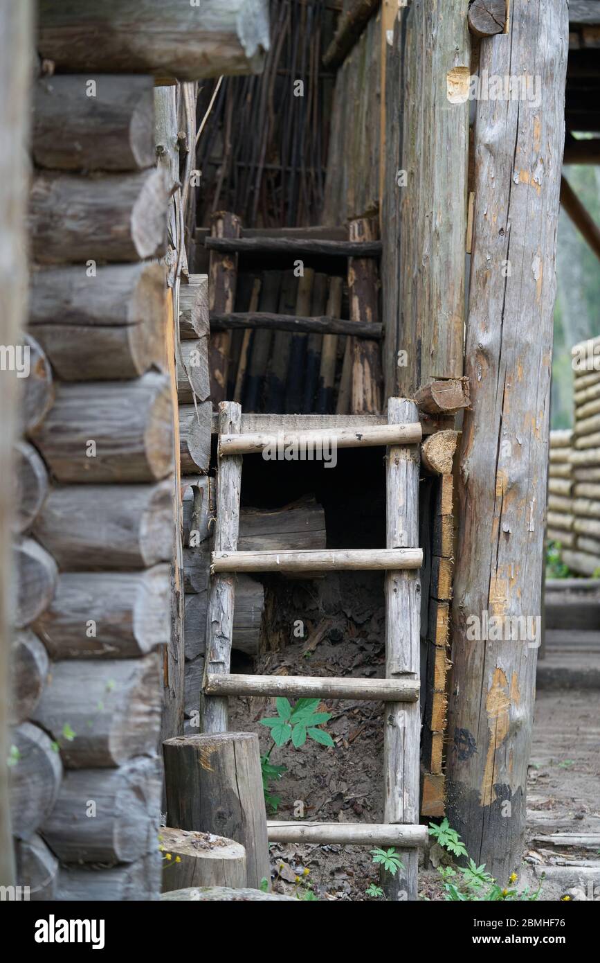 Reconstructed ancient wooden fortification in the outdoor archeological ...