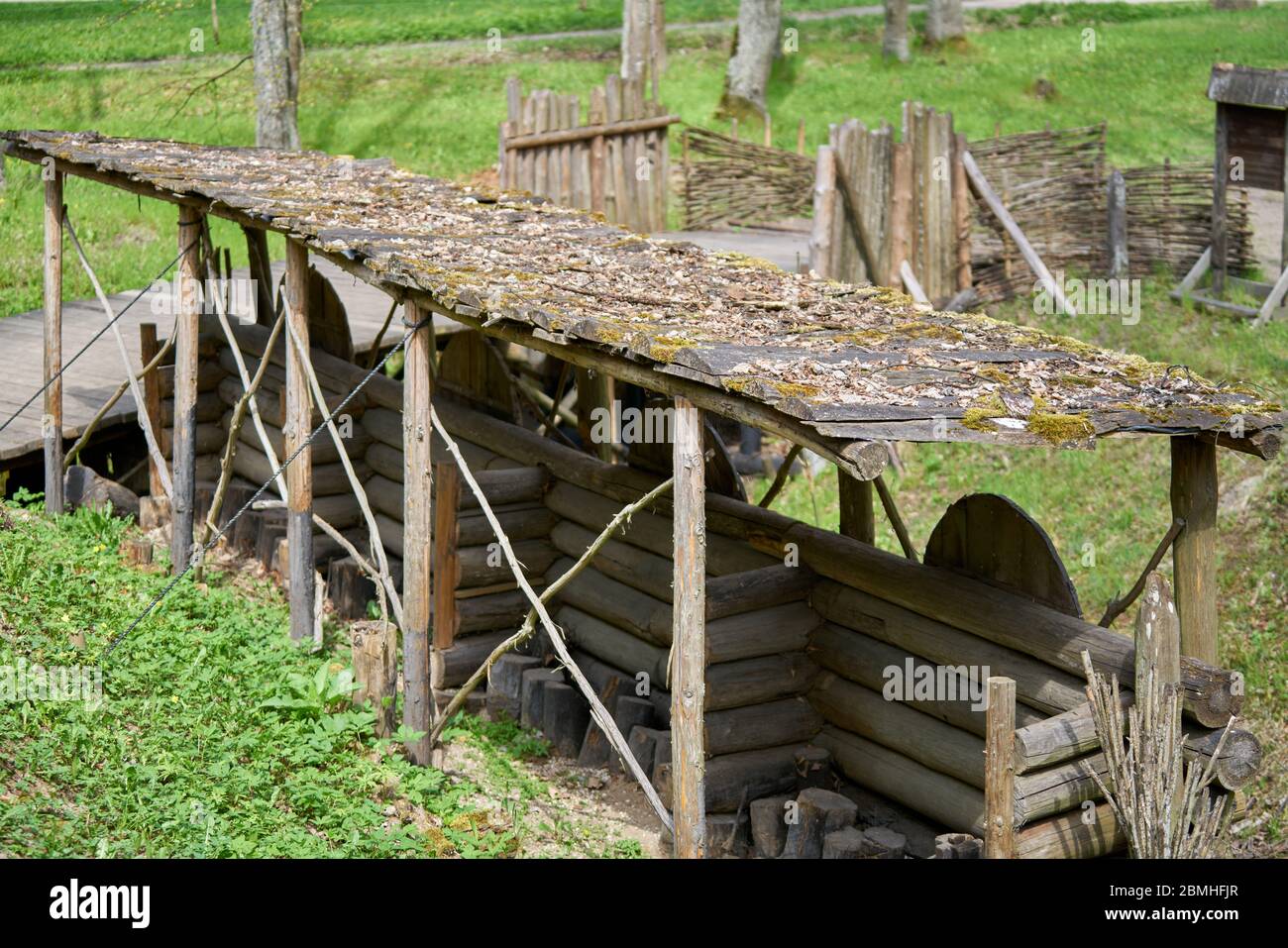 Reconstructed ancient wooden fortification in the outdoor archeological ...
