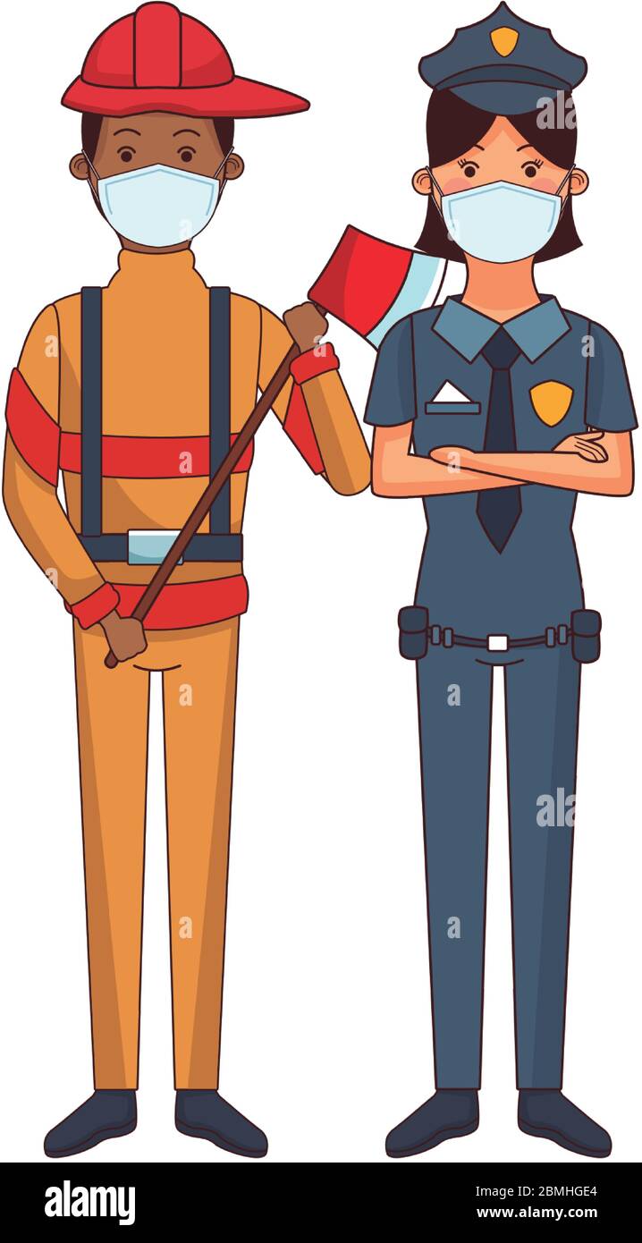 firefighter and female police using face masks Stock Vector Image & Art ...