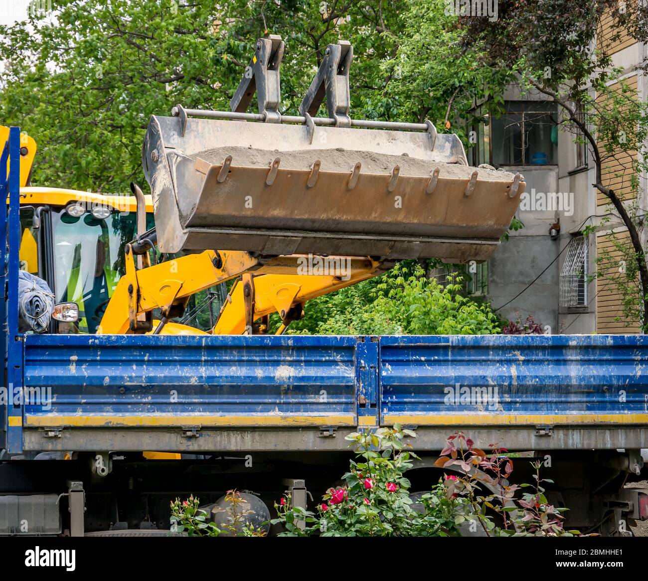 Backhoe loader loading sand or dirt in a vehicle. Construction ...