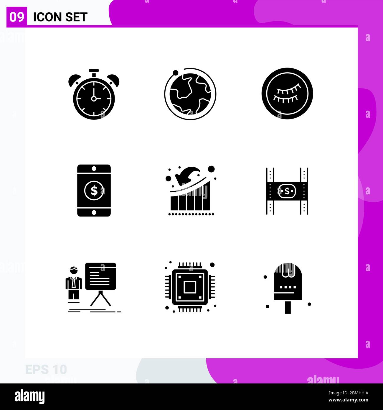 Mobile Interface Solid Glyph Set of 9 Pictograms of loss, downfall, eye ...