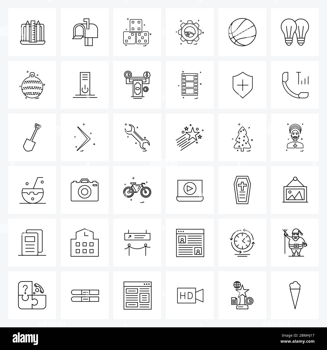 Universal Symbols of 36 Modern Line Icons of ball, gear, games, setting ...