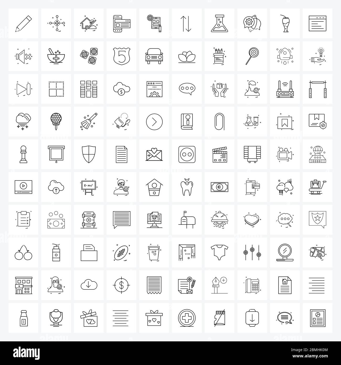 Isolated Symbols Set of 100 Simple Line Icons of pencil, gear, house ...
