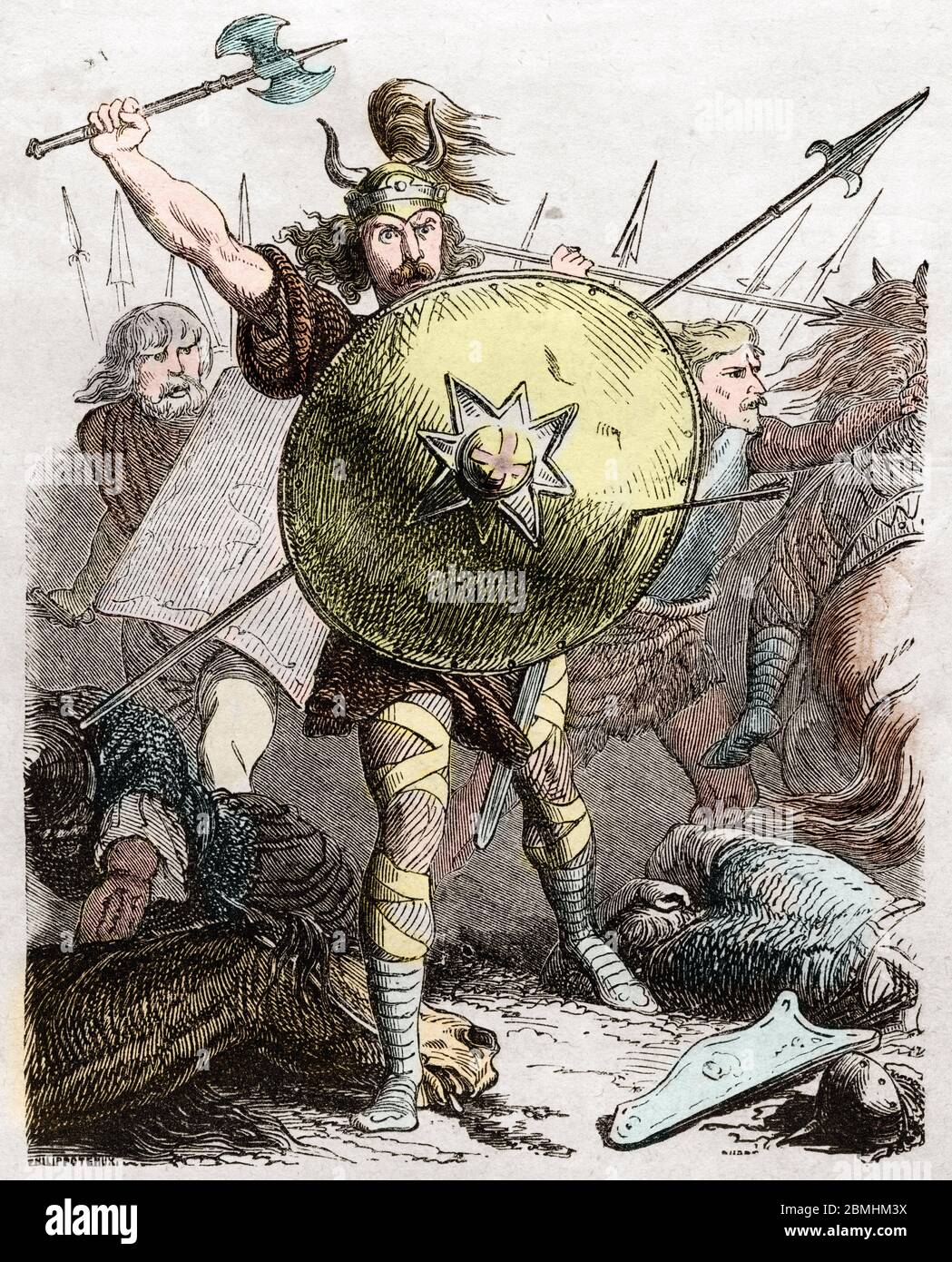 "Representation de Merovee (vers 412-457) roi des francs saliens, combattant les huns d'Attila ...