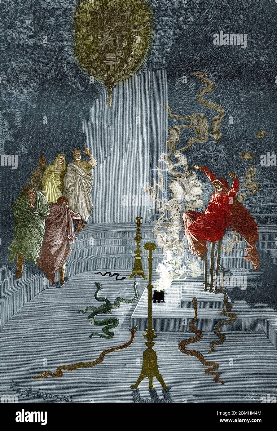 Grece antique : "Representation d'une pythonisse (ou pythie) consultee ...