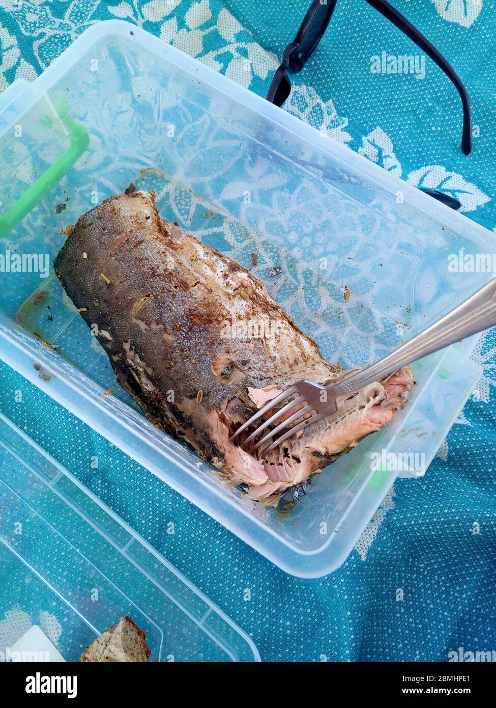 Baked pink salmon in a plastic food container. Eating fish Stock Photo ...