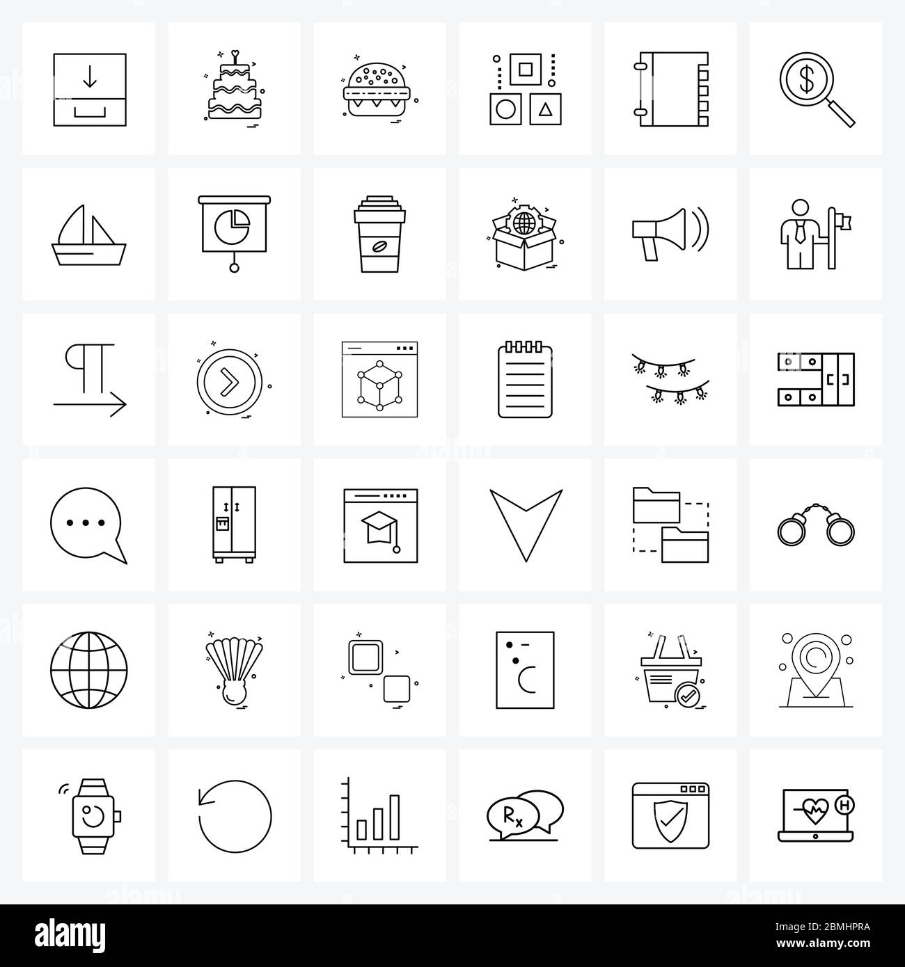 36 Universal Line Icon Pixel Perfect Symbols of contacts, toy, meal ...
