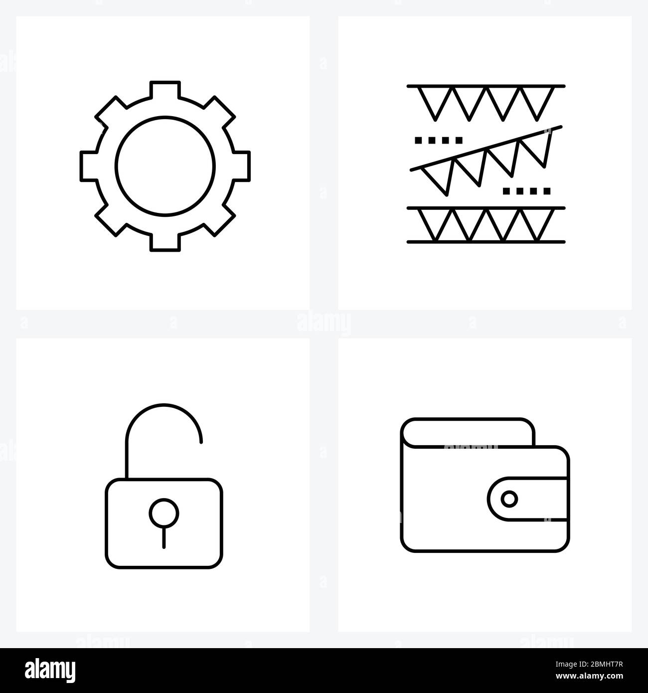 Set of 4 Simple Line Icons of gear, unlock, celebration, ornament, protect Vector Illustration ...
