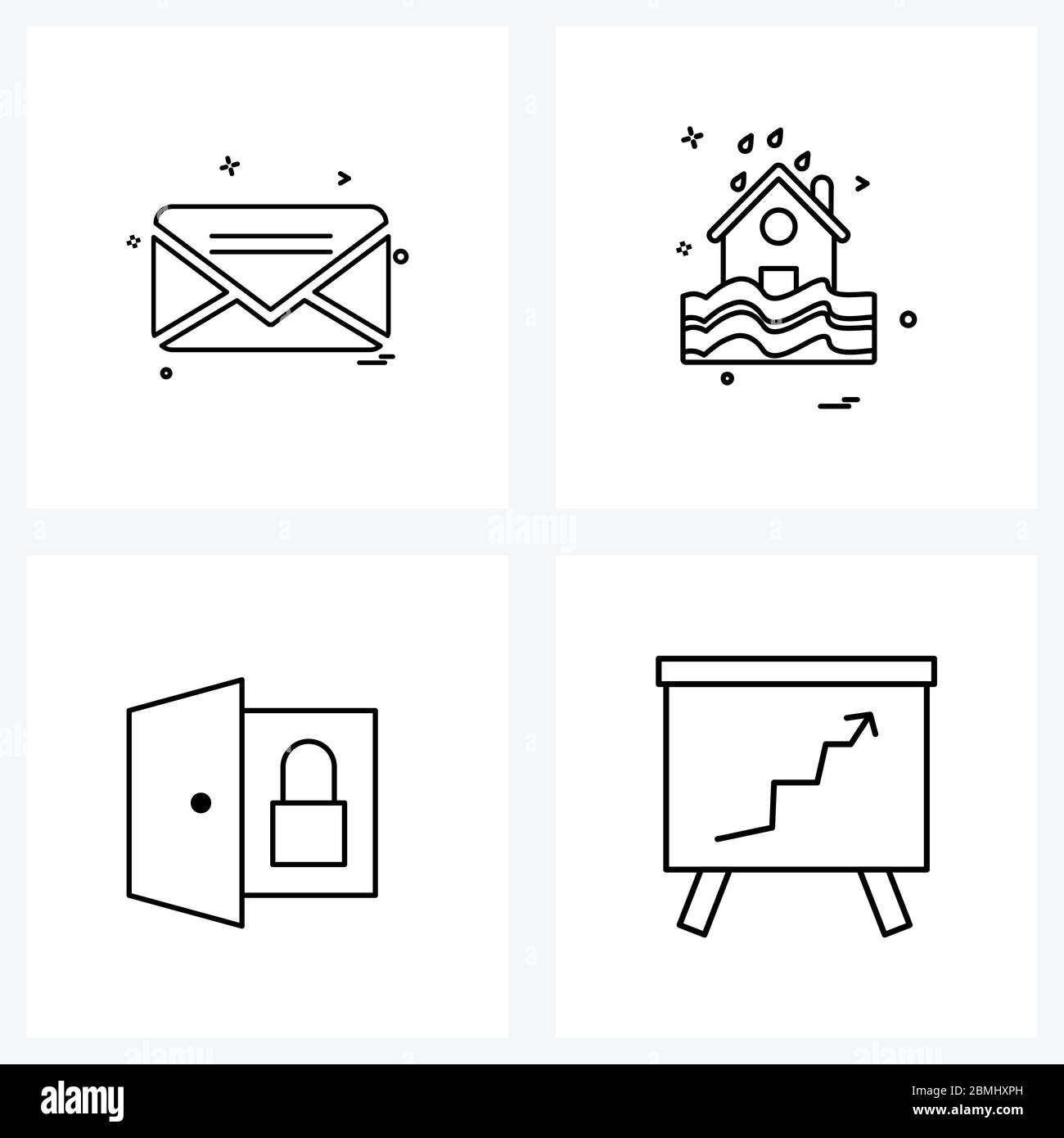 Set of 4 Modern Line Icons of envelope, lock, mail, hut, presentation ...