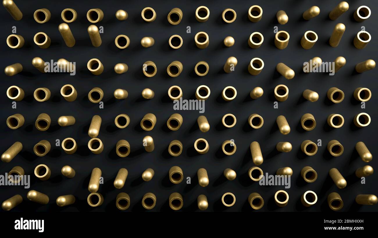 3d render abstract image of golden cylinders and shapes over black ...