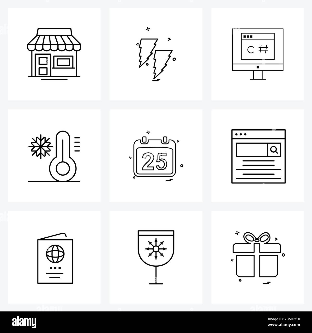 Modern Style Set of 9 line Pictograph Grid based Christmas, snow, code ...