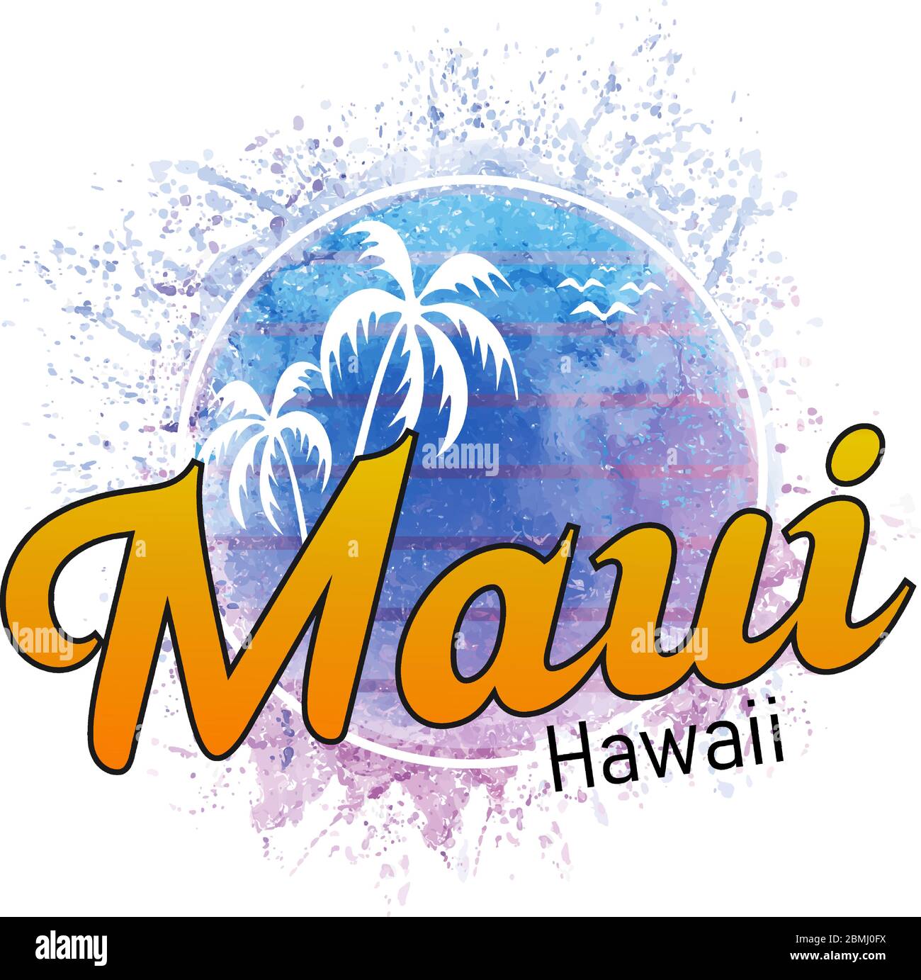 Maui Hawaii surf logo watercolor splash banner and sunset Stock Vector ...