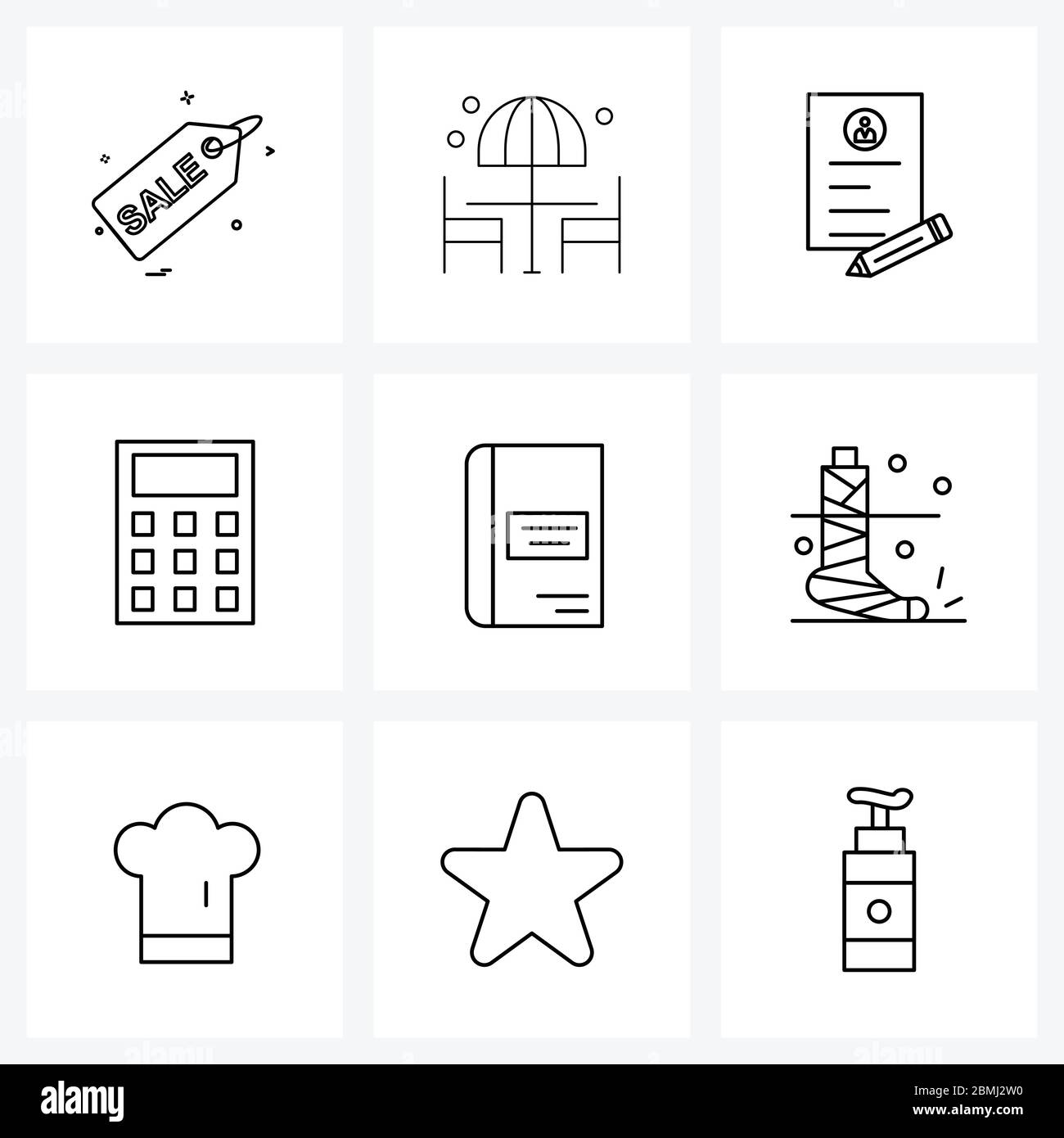 Set of 9 Modern Line Icons of study, education, cv, book, calculations ...