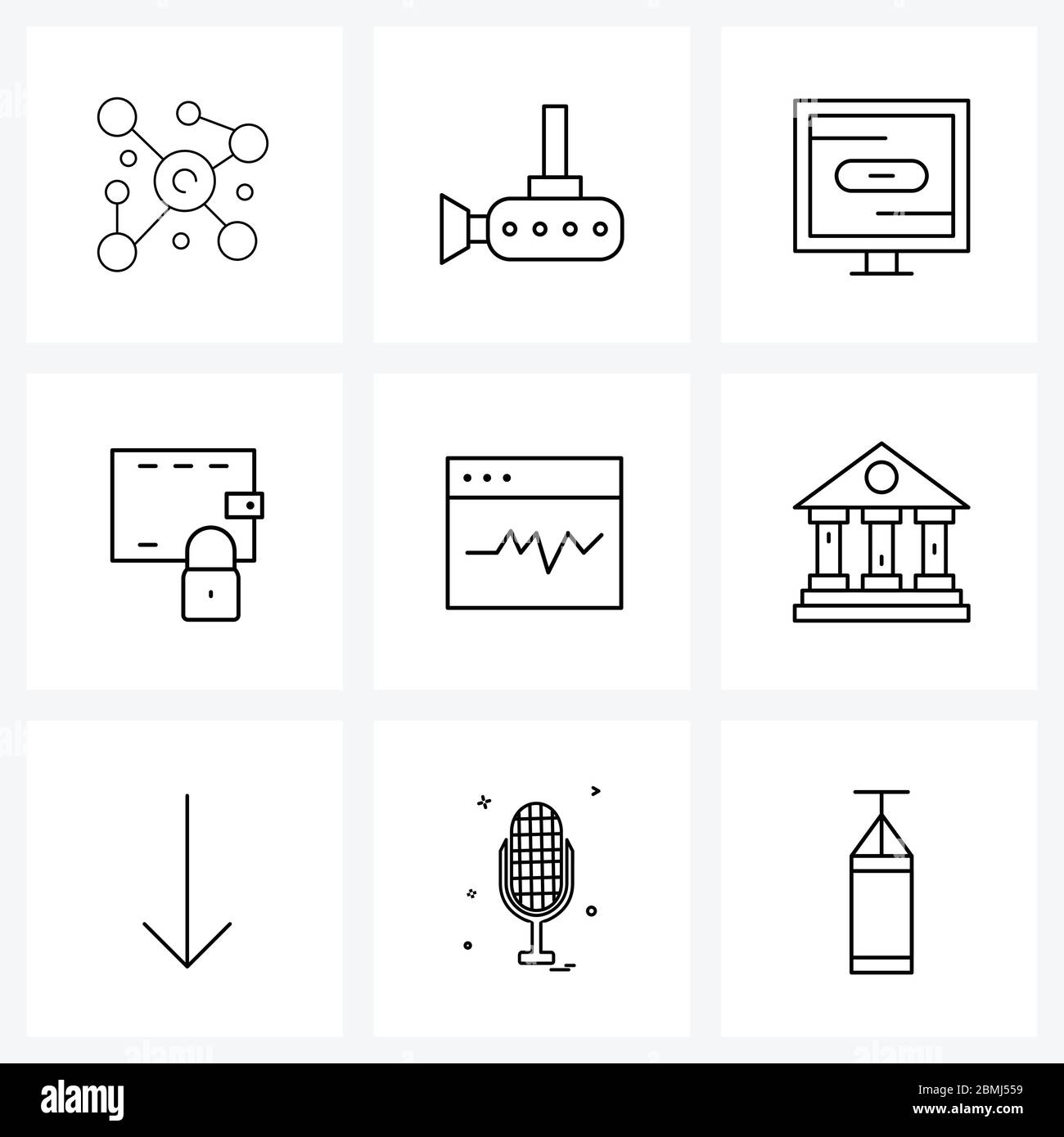 Set of 9 Line Icon Signs and Symbols of browser, secure, loading, purse ...