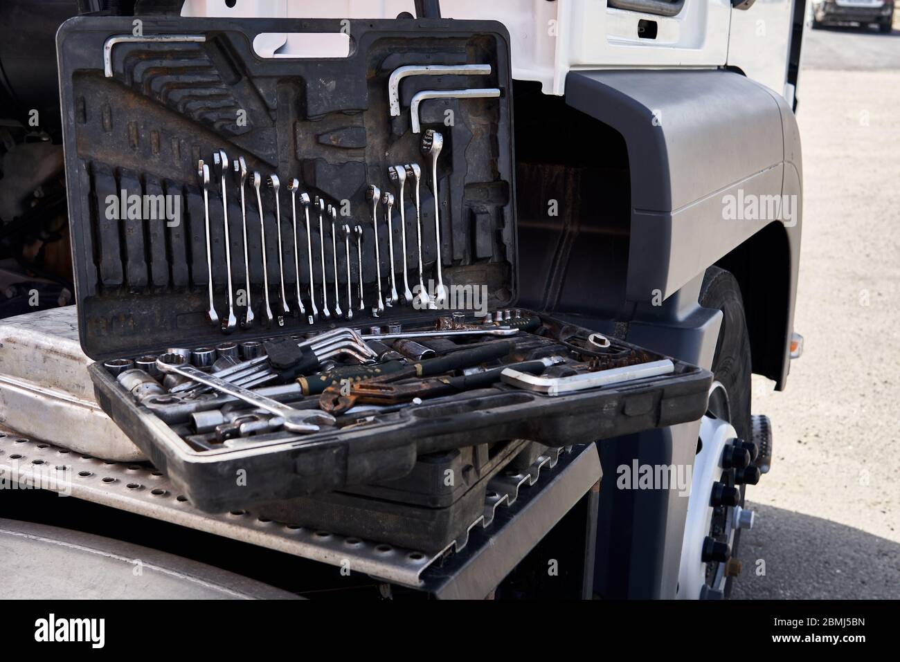 car mechanic tool set in auto repair shop Stock Photo - Alamy