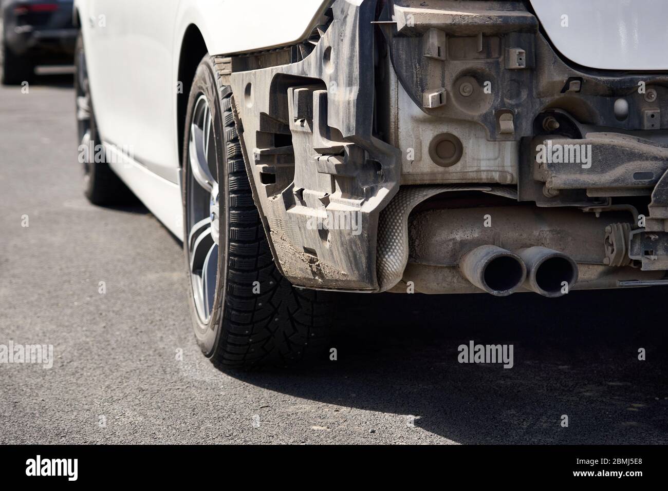 damaged car after an accident. Vehicle with removed rear bumper Stock ...