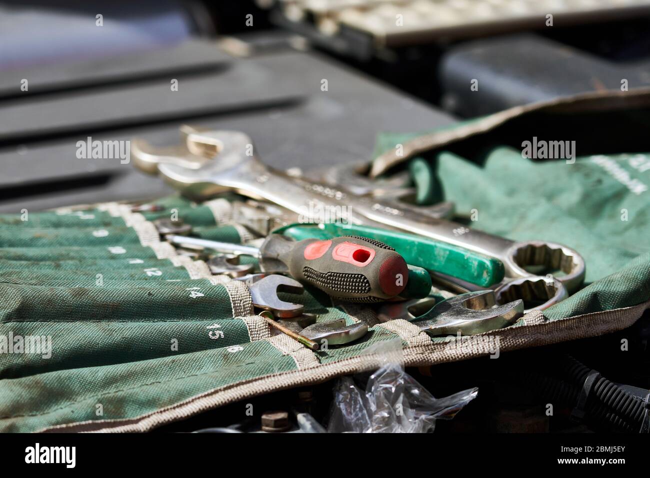 car mechanic tool set in auto repair shop Stock Photo - Alamy