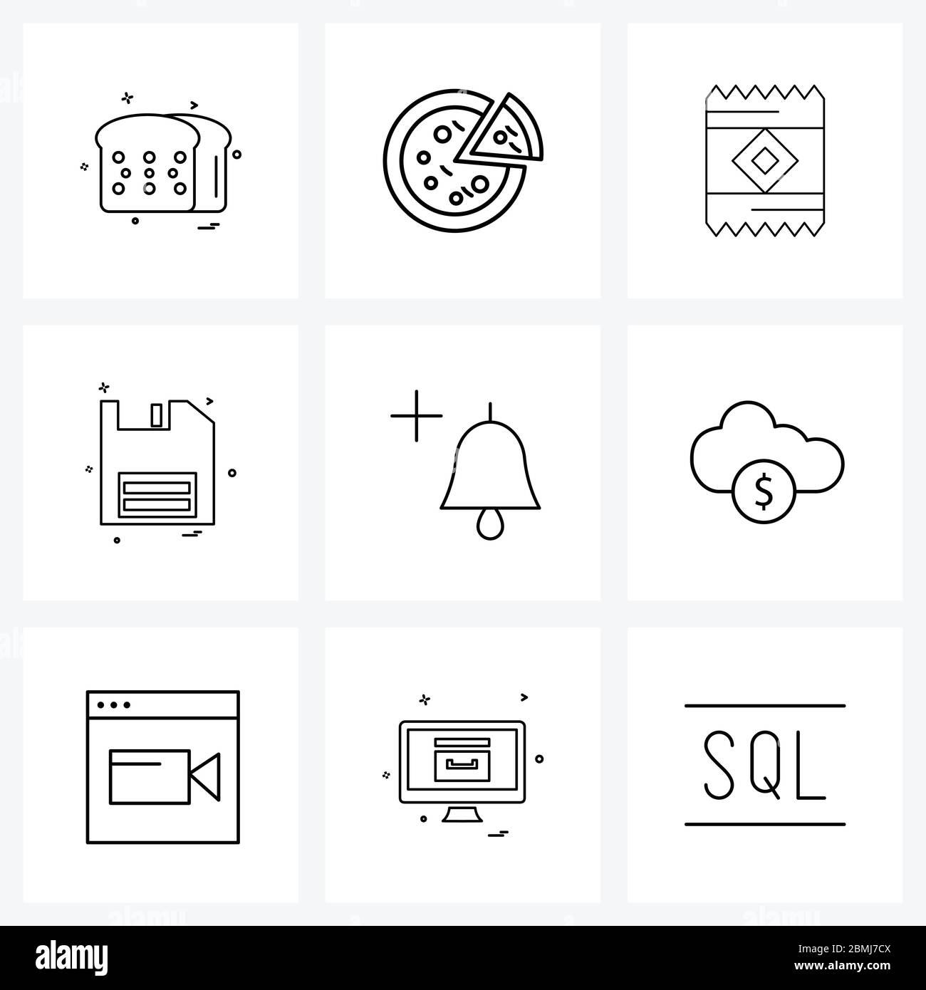 Simple Set of 9 Line Icons such as alarm, storage, antique, floppy ...