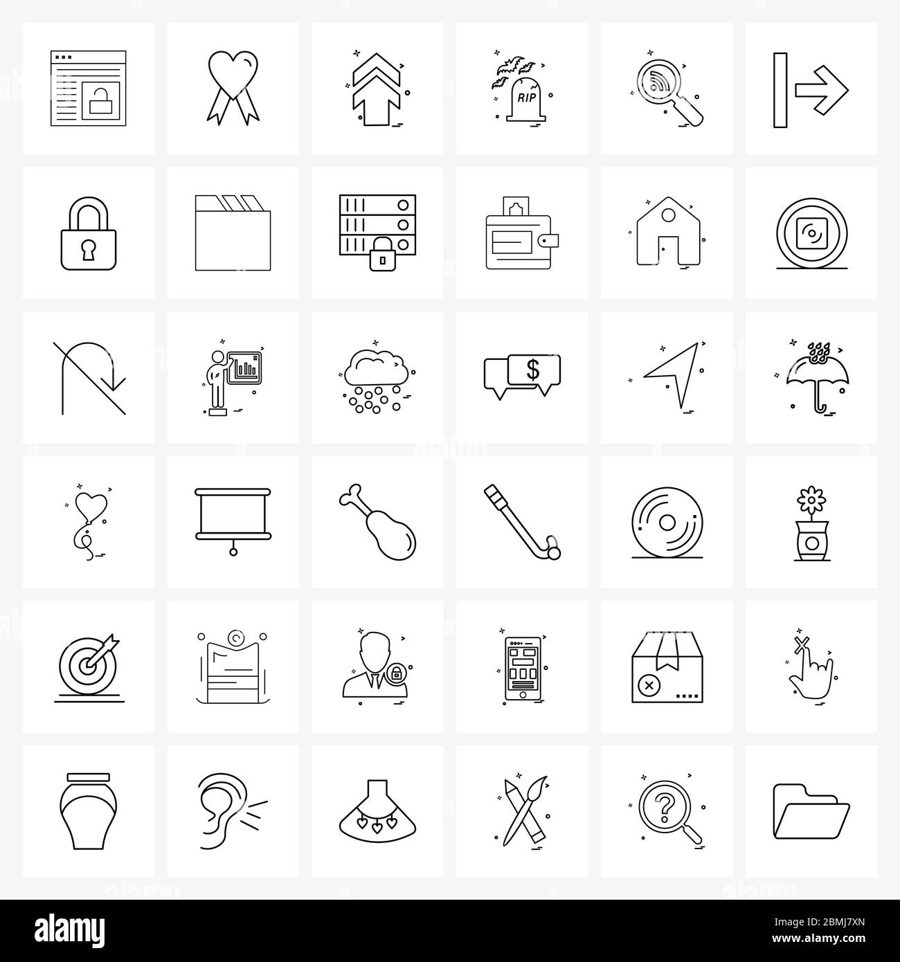 Set of 36 Line Icon Signs and Symbols of glass, bat, arrow, bats, grave ...