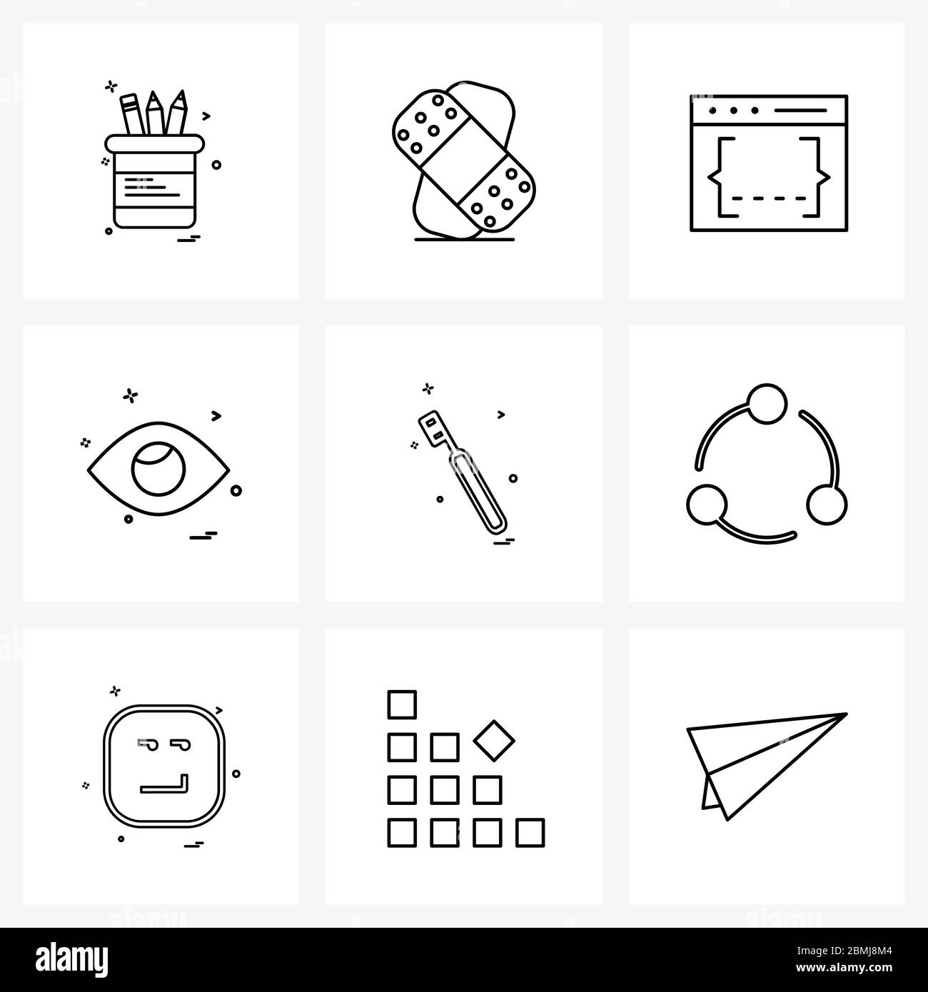 Set of 9 Line Icon Signs and Symbols of tooth brush, eye, browser, seen ...