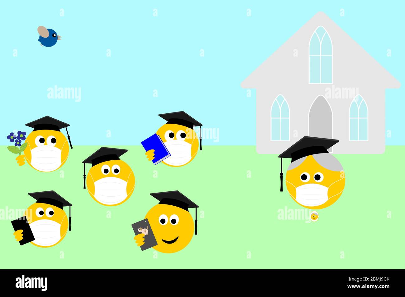 Graduation of emoji students with face masks. Coronavirus, covid 19 ...